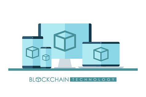Blockchain 기술로 스마트폰 태블릿 Pc 노트북 데스크톱 컴퓨터 화면에 서명 Cryptocurrency 데이터 보호 기술입니다 0명에 대한 스톡 벡터 아트 및 기타