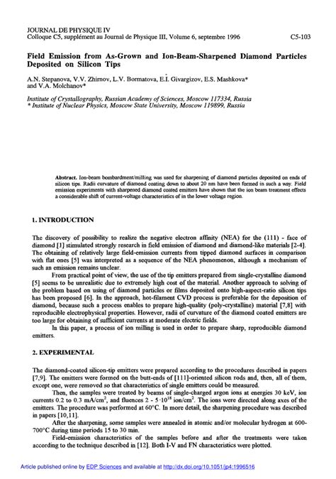 Pdf Field Emission From As Grown And Ion Beam Sharpened Diamond Particles Deposited On Silicon