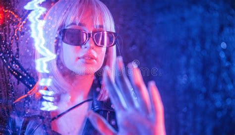Stylish Woman With White Hair Is Behind Wet Transparent Plastic Sheet Stock Photo Image Of