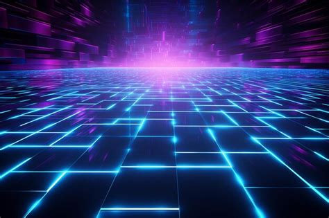 Premium AI Image Cyan Blue And Purple Grids Neon Glow Light Lines Des