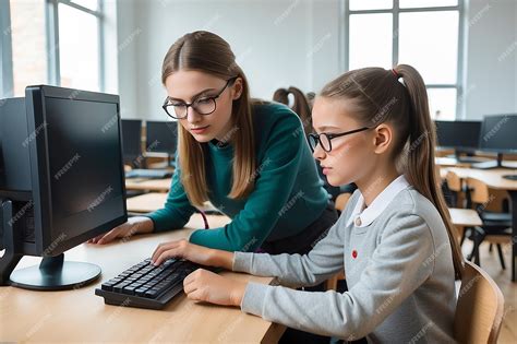 Premium Photo Teacher Teaching Computer To Student Girlpupil Studying Computer Class