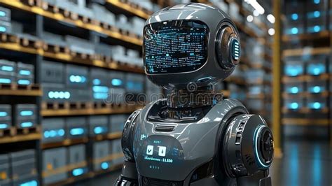 Futuristic Robot Showcases Advanced Technology And Digital Design In High Tech Warehouse