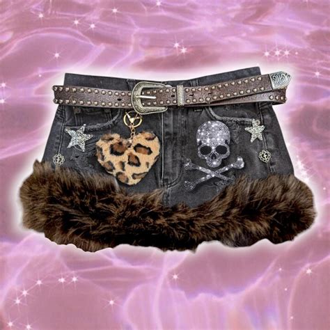 Y2k Gyaru Mcbling Fur Trim Skirt Star Embellishment Rhinestone Skull