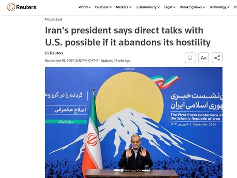عکس تیتر رویترز از اظهارنظر رئیس جمهور ایران درباره رابطه با آمریکا