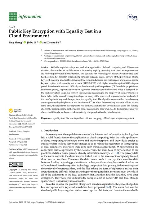Pdf Public Key Encryption With Equality Test In A Cloud Environment