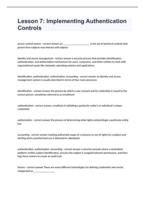 Lesson 7 Implementing Authentication Controls Final Exam Questions 2024