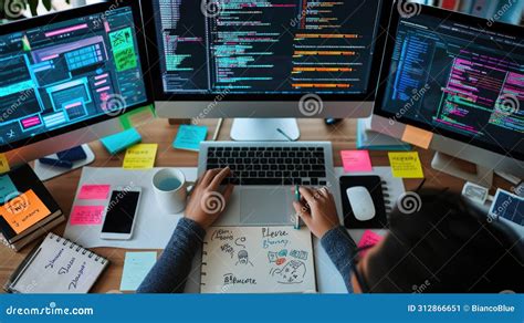 Software Developer Working On Code In Dual Monitor Setup Aig41 Stock