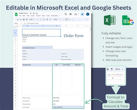 Editable Purchase Order Template Auto Calculation PDF MS Word MS Excel Google Docs Google