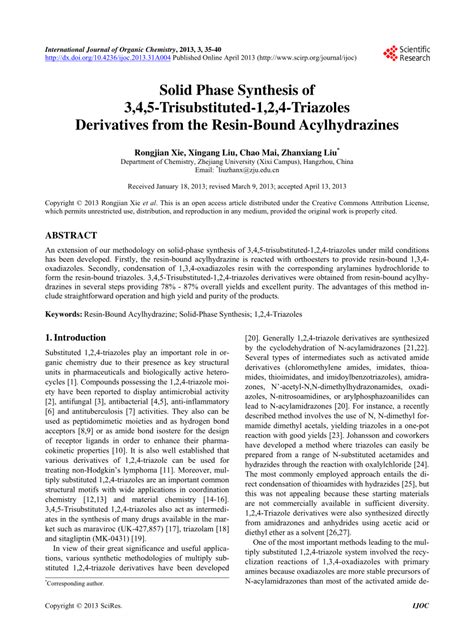 Pdf Solid Phase Synthesis Of 3 4 5 Trisubstituted 1 2 4 Triazoles Derivatives From The Resin