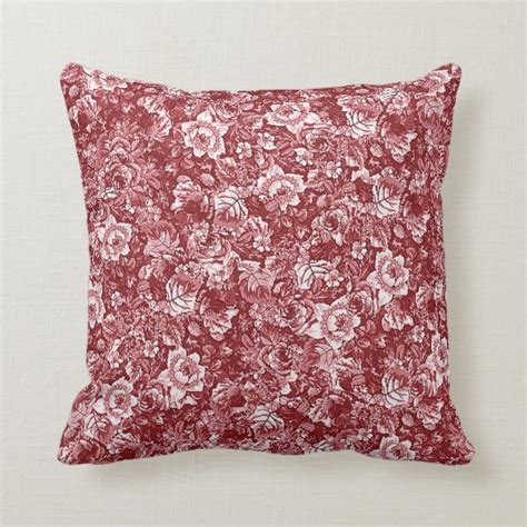 Vintage Chic Red White Classy Toile Floral Pattern Throw Pillow