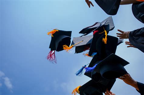 졸업식 대학 고등학교 졸업생들이 푸른 하늘에 모자를 던지는 모습 검은색에 대한 스톡 사진 및 기타 이미지 검은색 교육 느린 동작 Istock