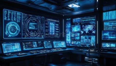 High Tech Control Room With Multiple Screens Displaying Data And