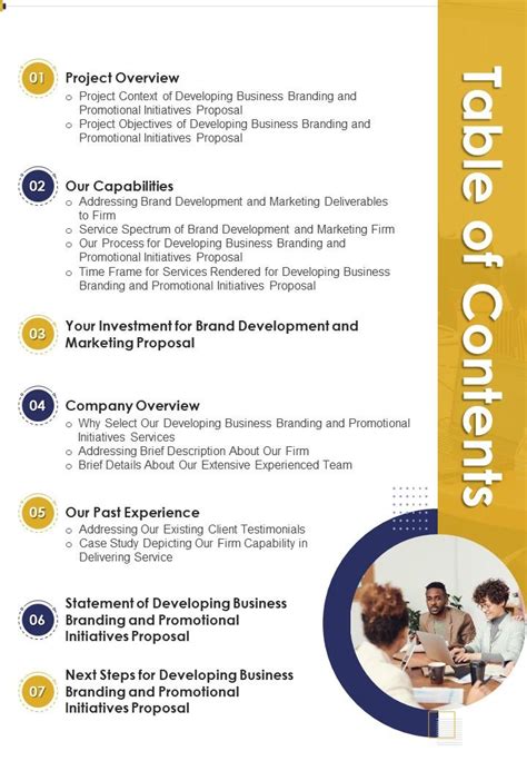 Developing Business Branding Table Of Contents One Pager Sample Example