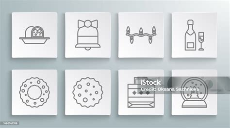 세트 라인 크리스마스 화환 메리 울리는 종 초콜릿 종이 쇼핑백 스노우 글로브 조명 샴페인 병 및 샴페인 한 잔과 마지판 스폰지 케이크 아이콘이 있는 쿠키 또는 비스킷 벡터