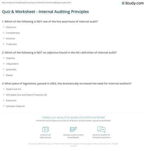 Quiz And Worksheet Internal Auditing Principles