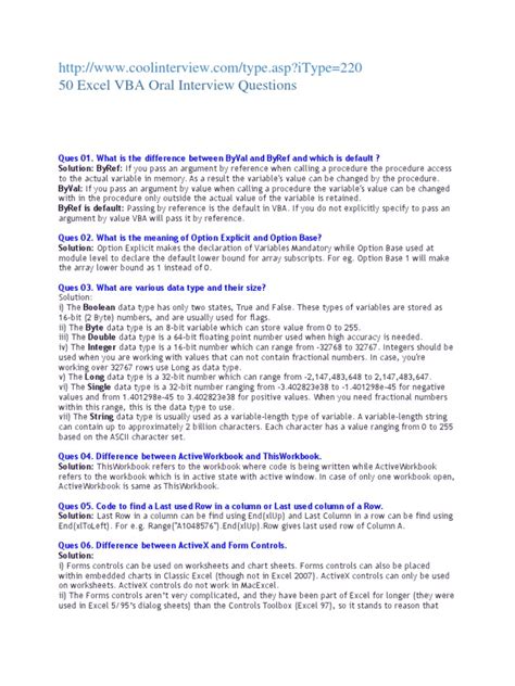 50 excel vba oral interview questions pdf visual basic for