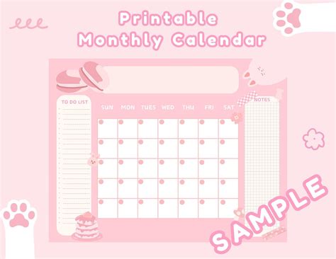 Pink Printable Monthly Calendar Cute Printable Calendar Kawaii