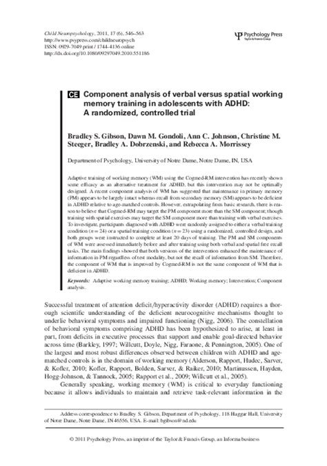 Pdf Component Analysis Of Verbal Versus Spatial Working Memory Training In Adolescents With