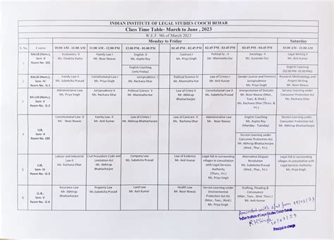 Class Time Table Indian Institute Of Legal Studies Coochbehar Campus