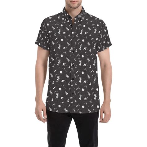 Space Ship Cosmos Short Sleeve Men Button Up Shirt Astronaut Geek