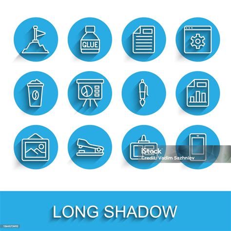 세트 라인 그림 풍경 스테이플러 상단에 플래그가있는 산 식별 배지 휴대 전화 보드 그래프 문서 차트 및 만년필 펜촉 아이콘 벡터