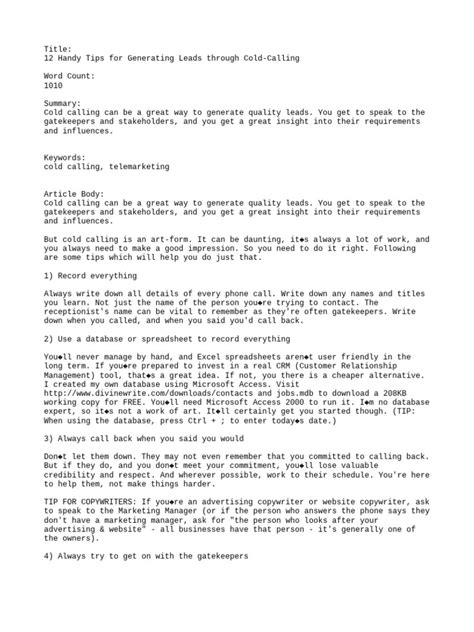 12 Handy Tips For Generating Leads Through Cold Calling Pdf