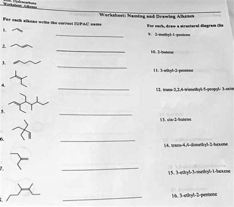 Hydrocarbons Worksheet Alkenes Worksheet Naming And Drawing Alkenes For Each Alkene Write The