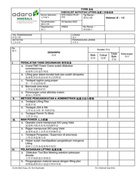 Kps Hses Fr Sf 072 Form Checklist Aktivitas Lifting Menggunakan Crane