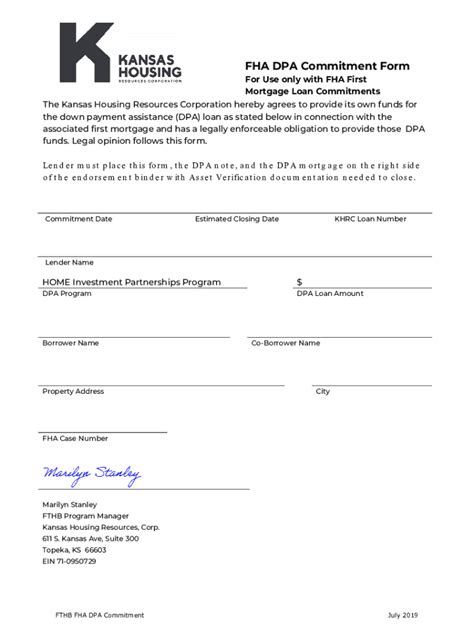 Fillable Online Fha Dpa Commitment Form Fax Email Print Pdffiller