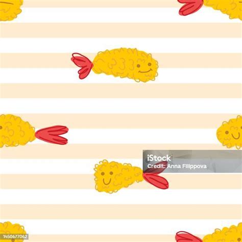 에비 후라이 새우 튀김 재미 있는 캐릭터 원활한 패턴 티 종이 섬유 및 직물을위한 완벽한 인쇄 장식과 디자인을 위한 손으로 그린