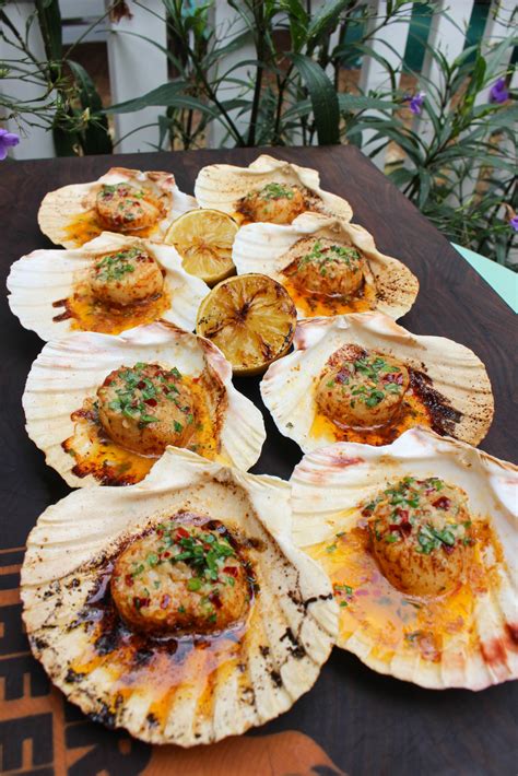 Grilled Scallops In The Shell Over The Fire Cooking