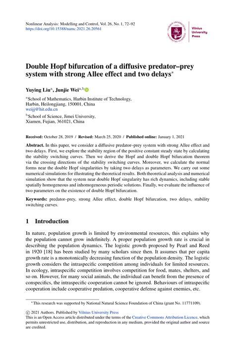 Pdf Double Hopf Bifurcation Of A Diffusive Predatorprey System With Strong Allee Effect And