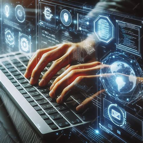 A Persons Hands Typing On A Keyboard With A Holographic Interface