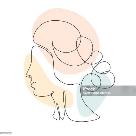여성의 얼굴의 연속 한 줄 그리기 로고 엠블럼 또는 웹 배너를 위한 추상적인 파스텔 모양의 아프로디테의 우아한 미니멀한 초상화 벡터 일러스트레이션 고대의에 대한 스톡 벡터
