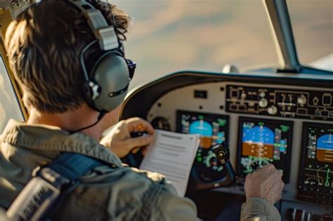 Premium Photo Focused Pilot Reviewing Aircraft Manual In Cockpit During Flight
