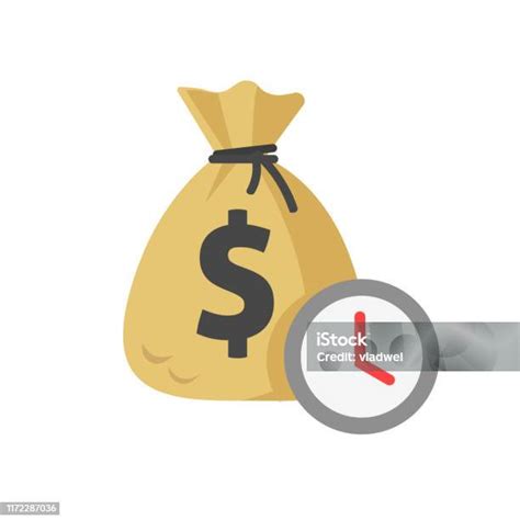 돈과 시간 시계 벡터 아이콘 타이머 또는 스톱워치와 평면 만화 현금 자루 연간 지불 또는 주문 처리 기호의 아이디어 대기 또는 예약 된 돈 이미지 0명에 대한 스톡 벡터