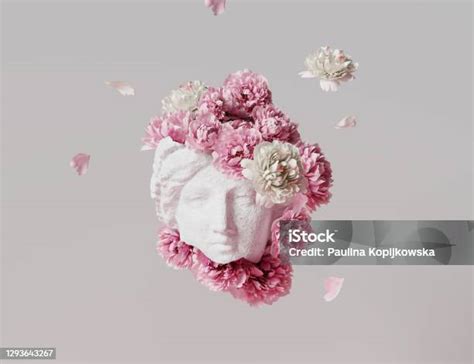 3d 고대 여성 동상 흰색 깨진 돌 그리스어 로마의 선하성 스타일 회색 배경에 머리 조각 핑크 꽃 꽃다발 자연 모란 떨어지는 꽃잎 여성스러운 아름다움 추상 3d 렌더링 꽃