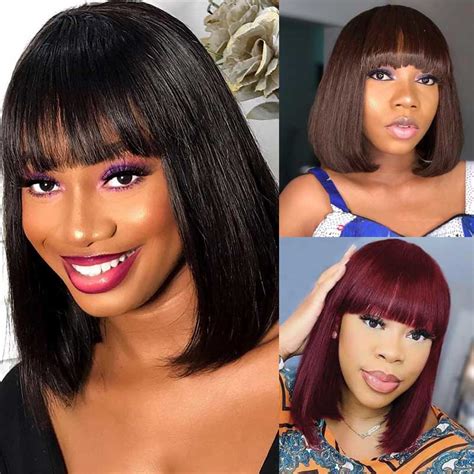 Wig With Bangs Human Hair Straight Glueless Short Bob With Bangs For B