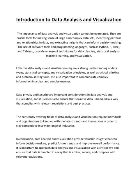 Data Analysis And Visualization An Introduction