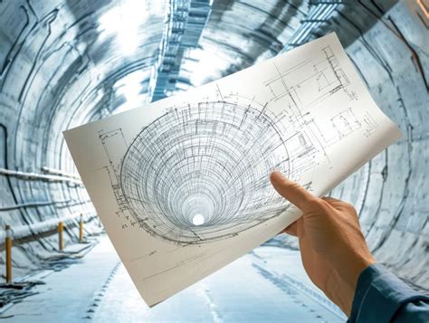 Tunnel Engineering Blueprint Held In Hand Inside Tunnel Stock