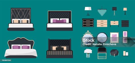 침대 램프 샹들리에 안락 의자 거울 고립 된 벡터 일러스트로 설정 침실 가구 평면 아이콘 자신의 침실을 설정합니다 호텔 인테리어 디자인 및 가구 매장에 적합 0명에 대한