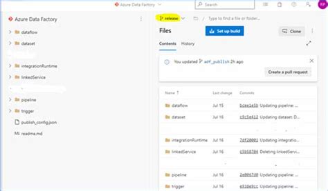 git configuration for azure data factory deploying existing branches