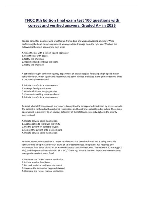 Tncc 9th Edition Final Exam Test 100 Questions With Correct And Verified Answers Graded A In