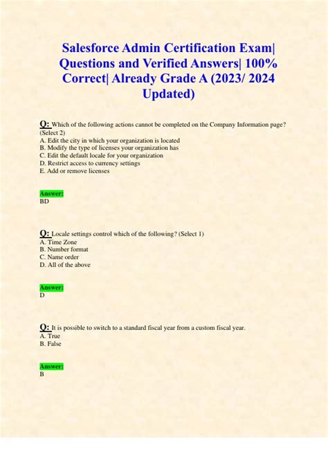 Salesforce Admin Certification Exam Questions And Verified Answers 100 Correct Already Grade