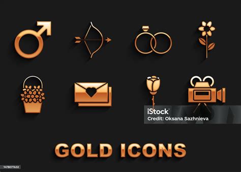 발렌타인 데이 하트 꽃 시네마 카메라 장미 꽃 바구니 결혼 반지 남성 성별 기호 및 활과 화살표 아이콘으로 봉투를 설정합니다 벡터 0명에 대한 스톡 벡터 아트 및 기타