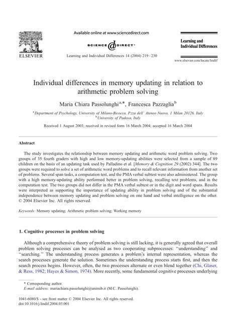 Pdf Individual Differences In Memory Updating In Relation To Arithmetic Problem Solving