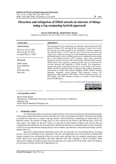 Pdf Detection And Mitigation Of Ddos Attacks In Internet Of Things Using A Fog Computing