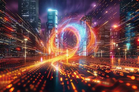 Hightech Urban Skyline At Night With Neon Lights And Digital Wave