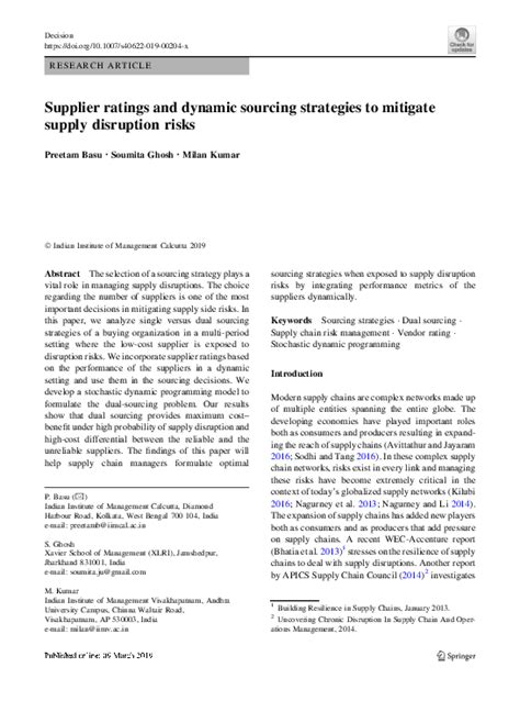 Pdf Supplier Ratings And Dynamic Sourcing Strategies To Mitigate Supply Disruption Risks
