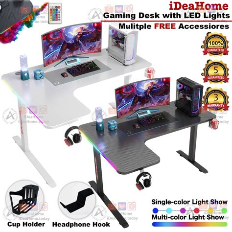 L Shape RGB Gaming Desk With Led Lights Table Computer Workstation